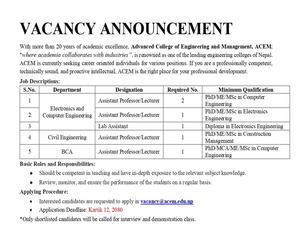 Vacancy Announcement for Various Positions | Advanced College of Engineering and Management