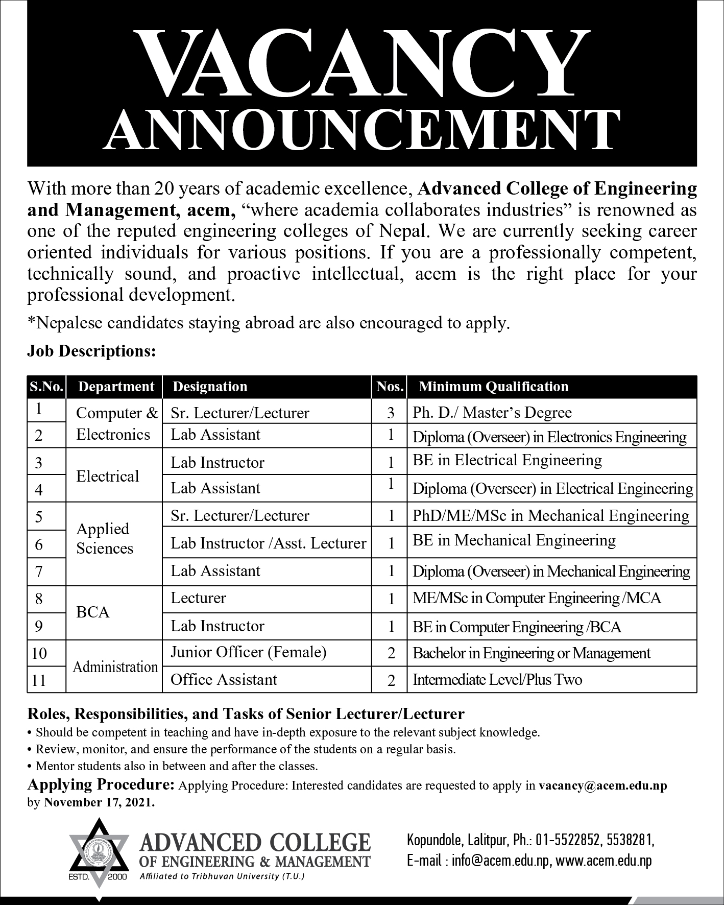 Vacancy Notice | Advanced College of Engineering and Management