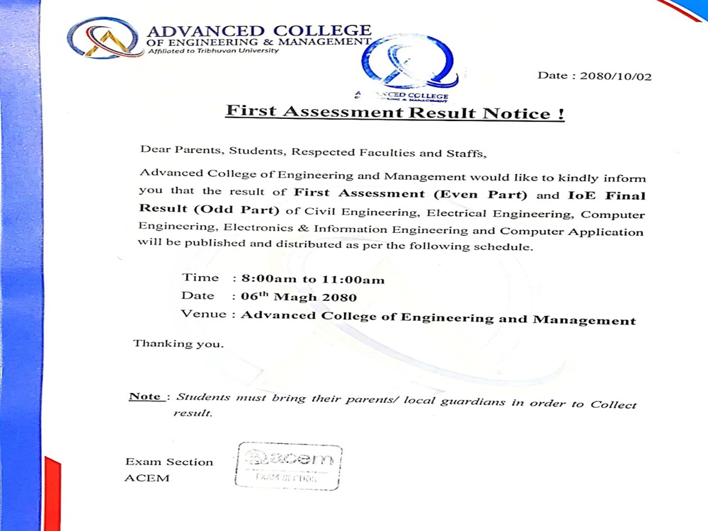 First Assessment Result Notice | Advanced College of Engineering and ...